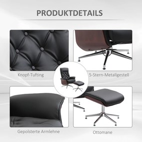 HOMCOM Relaxační křeslo s podnožkou - TV křeslo s čalouněním, 360° otočné, 145° nastavitelné, retro design Chesterfield, PU potah, dřevěné detaily, k…