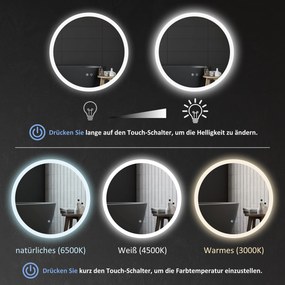 kleankin LED koupelnové zrcadlo, nastavitelná jasnost, odmlžování, dotyk, IP44, kov/sklo, Ø60 cm, bílá/stříbrná
