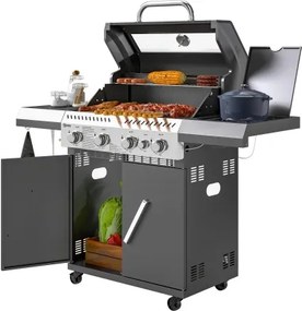 Outsunny Plynový gril 12 KW, grilovací vozík včetně 5 hořáků, boční vařič, kolečka, víko, teploměr, boční police, 135 x 54 x 110 cm