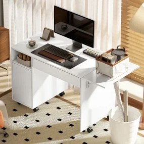 HOMCOM počítačový stůl na kolečkách, stůl se sklápěcí deskou, zásuvkou, skříňkou a přihrádkou, 130 x 58 cm, bílý