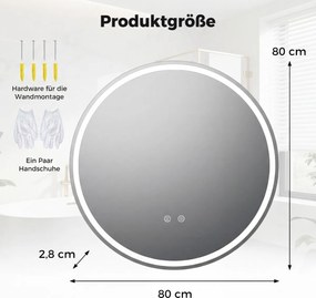 Costway Ø80 cm Kulaté LED osvětlené zrcadlo s nastavitelným jasem a dotykovým