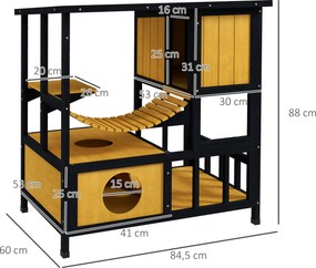 PawHut Dřevěná kočičí bouda - venkovní kočičí jeskyně s visutým mostem, balkonem a platformou, voděodolná střecha, pro 1-2 kočky do 5 kg, žlutá
