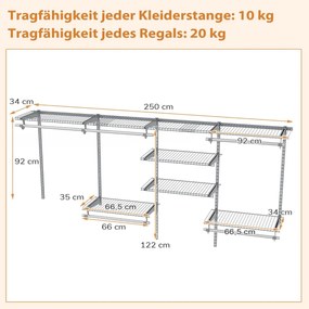 Costway Otevřená šatní skříň 122 - 244 cm Rozšiřitelný nástěnný věšák