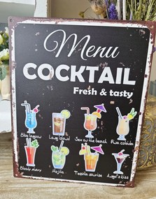 Černá antik nástěnná kovová cedule Menu Coctail - 20*25cm