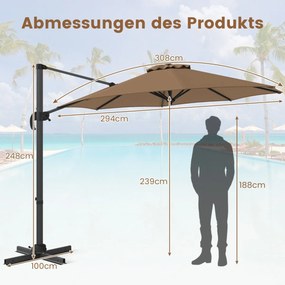 Costway Slunečník s klikou 360° otočný market – 300 × 300 cm, hnědý