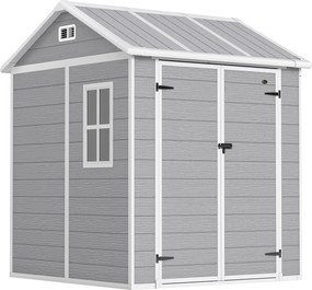 Zahradní kůlna Outsunny s povrchem připomínajícím staré dřevo, 2,91 m², s dvojitými dveřmi a zámkem, šikmou střechou, 181x181x220 cm, šedá