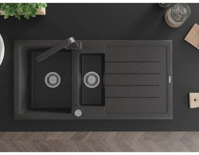 Mexen Andres, granitový dřez 1000x500x200 mm, 1,5-komorový, černá skvrnitá s chromovým sifonem a černá skvrnitá dřezová baterie Rita, 6515-76-670300-76