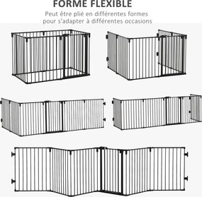 PawHut Bezpečnostní Bariera na Krb Modrý Ochranný Oplocení pro Domácí Zvířata Modulární Skládací 6 Panelů s Dveřmi Bez Vrtání 362,5 x 76 cm Černá
