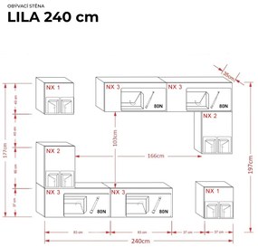 Ral Obývací stěna LILA 2, 240 cm - Černo/bílý lesk