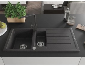 Mexen Andres, granitový dřez 1000x500x200 mm, 1,5-komorový, černá skvrnitá s chromovým sifonem a černá skvrnitá dřezová baterie Rita, 6515-76-670300-76