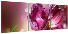 Obraz růžových tulipánů (s hodinami) (90x30 cm)