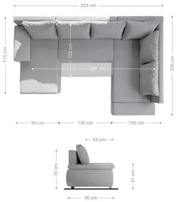 DELIFE Pohovka ve tvaru "U" Abilene 325x230 cm khaki hnědá funkce rozkladu lenoška variabilní