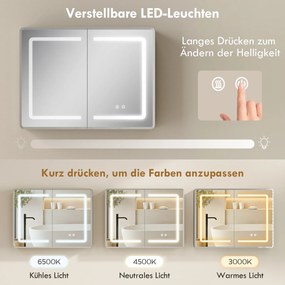 HOMCOM Zrcadlová skříňka do koupelny s LED osvětlením, 60 x 80 cm koupelnová skříňka s protimlžnou, 3-cestnou stmívatelnou