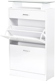 HOMCOM Botník s 3 šuplíky, skleněnou policí a hliníkovými úchyty pro předsíň, nosnost 50 kg, 60x24x105,5 cm, bílý