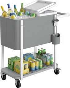 Outsunny chladicí vozík 56 l na kolečkách s policí, otvíráčem a vypouštěním — venkovní párty chladnička, 84 × 38 × 83 cm, šedá