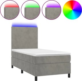 Box spring postel s matrací a LED světle šedá 90x200 cm samet 3135981