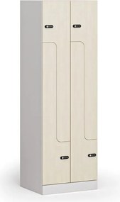 Kovová šatní skříňka S1 Z, 4 oddíly, 1850 x 600 x 500 mm, mechanický kódový zámek, laminované dveře, bříza