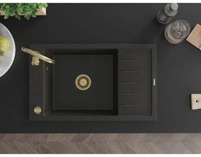 Mexen Elias, granitový dřez granitový 795x480x200 mm, 1-komorový, černá-zlatá metalíza se zlatým sifonem, 6511791005-75-G