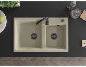 Mexen Tomas, granitový dřez 800x500x190 mm, 2-komorový, béžová s černým sifonem, 6516802000-69-B