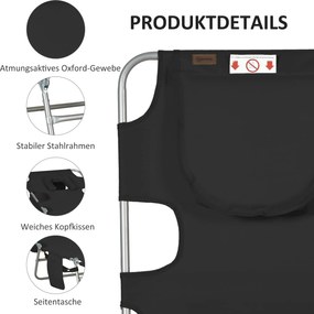 Zahradní lehátko, lehátko s polstrovaným otvorem na obličej, masážní lehátko pro venkovní použití, boční kapsa, látka, kov, černá barva