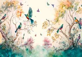 Postershop Fototapeta vliesová: Ptáci na stromech (malované)  - 416x254 cm