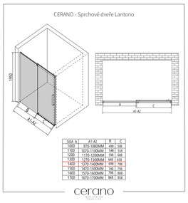 CERANO - Sprchové posuvné dveře Lantono L/P - černá matná, transparentní sklo - 140x195 cm
