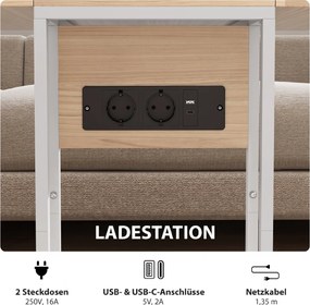 HOMCOM Skládací příruční stolek, nabíjecí stanice s USB porty, kov, 39 x 29 x 57 cm, barva dřeva