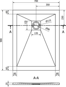 Mexen Stone+, obdélníková vanička z minerálního kompozitu 90 x 70 cm, šedá-betonová, 44617090