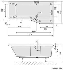 Polysan, VERSYS R asymetrická vana 160x84x70x47cm, bílá, 15611