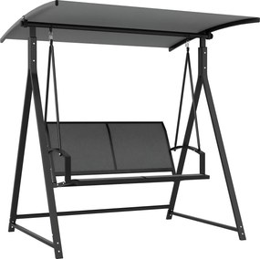 Zahradní houpačka Outsunny 2-místná s nastavitelnou stříškou 90° UV ochrana 30+ a trojúhelníkovým kovovým rámem nosnost 220 kg 160x112x162 cm Tmavě še
