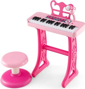 Costway Dětské elektronické piano s 37 klávesami a stoličkou, růžové