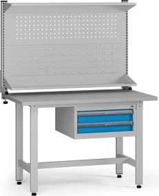 Výškově nastavitelný dílenský stůl G5 s nástavbou, 1200 x 750 x 800-1000 mm, 1x kontejner, 2 zásuvky, modrá
