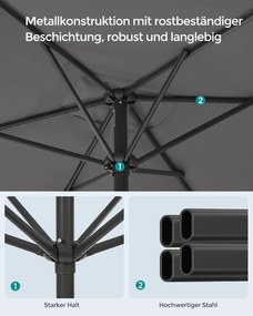 Slunečník 200 × 150 cm, obdélníkový balkonový slunečník, UV ochrana UPF 50+, bez základny, šedý