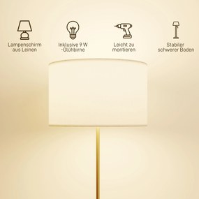 HOMCOM Stojací lampa s dálkovým ovládáním, výškově nastavitelná, látkové stínidlo, kovový stojan, nastavitelná jas, nožní spínač, zlatá barva