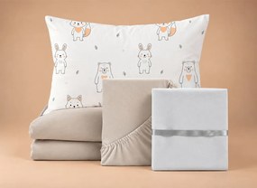 Benlemi Sada lůžkovin: bavlněné povlečení LESNÍ ZVÍŘÁTKA + prostěradlo béžové jersey + chránič matrace Zvolte rozměr: 90 x 190 cm