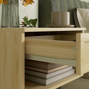 HOMCOM Set 2 Floating Nočních Stolků Závěsné Noční Stolky s Otevřeným Úložným Prostorem a Ratanovou zásuvkou pro Ložnici 40x34x23 cm Přírodní