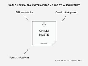 CHILLI MLETÉ - omyvatelná samolepka na kořenky, výběr rozměrů Ø 5 cm / 5 x 5 cm / 6 x 8 cm | DomaLEP tvar: KOLEČKO, barva: BÍLÁ - ČERNÉ písmo, velikost: Ø 5 cm - tučné písmo