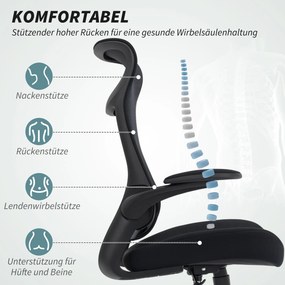 HOMCOM Ergonomická kancelářská židle se 3D opěrkami rukou, síťovaným opěradlem, S-formovaným opěradlem, opěrkou hlavy, funkcí naklápění, černá