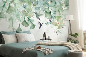 Samolepící tapeta zelené listy s kolibříky
