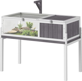 PawHut zvýšený dřevěný domek pro želvy – 2 zóny, držák na lampu, vysouvací zásuvka, šedý – 104 × 53 × 82 cm