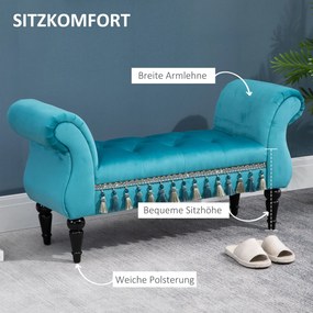 HOMCOM Čalouněná lavice, Sametový vzhled, Luxusní lavice s dřevěnými nohami, Chodní lavice do ložnice, nosnost až 150 kg, Modrá, 117 x 40 x 58 cm