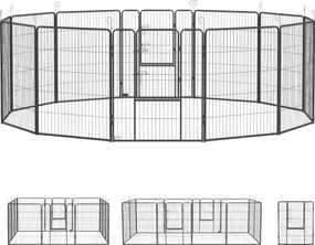 Ohrádka pro štěňata 12dílný výběh pro štěňata skládací se 2 dvířky 12 panelů z ocelové sítě, každý o rozměrech 80x100 cm šedá