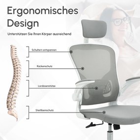 Kancelářská židle Vinsetto ergonomická kancelářská židle s opěrkou hlavy a funkcí houpání, výškově nastavitelná, šedá, 65 x 64 x 114-122 cm | Aosom.de