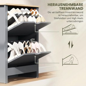 HOMCOM Botník se 2 sklápěcími přihrádkami, nastavitelná přepážka pro 8-12 párů bot, 72 x 26 x 80 cm, tmavě šedý