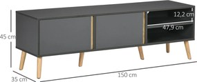 HOMCOM TV Stánek pro televizory do 55 palců, skandinávský design, 2 dveře, 2 police s vedením kabelů, 150 x 35 x 45 cm, tmavě šedá