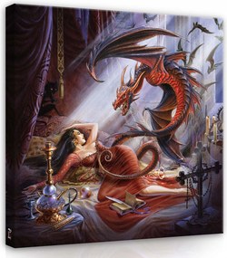 Obraz 80x80 Fantasy drak žena mystika magie červená zlato legenda