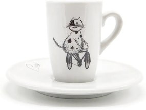 Porcelánový espresso šálek Kočka na kole s podšálkem, 130 ml – černobílý, s autorským designem pro milovníky koček a cyklistiky