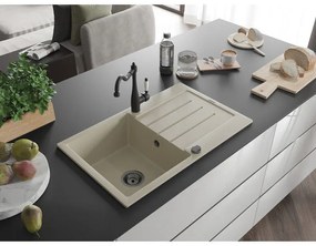 Mexen Bruno, granitový dřez 795x495x200 mm, 1-komorový a dřezová baterie Carla, béžová, 6513-69-670700-70