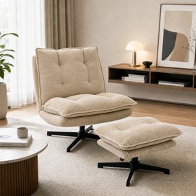 HOMCOM Lounge křeslo s podnožkou, otočné o 360°, potah z kordury, nastavitelná opěrka nohou, béžové