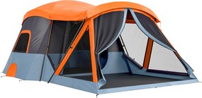 Outsunny tunelový rodinný stan pro 4 osoby s oddělenými ložnicemi a obytnou částí, střešními okny, PE podlážkou, voděodolnost 3000 mm – oranžovo-modrý